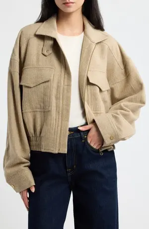 ROWING BLAZERS Herringbone Funnel Neck Wool Blend Jacket - Camel