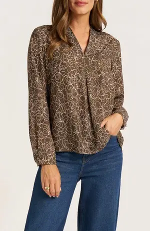 Matty M. Kensal Floral Print V-neck Long Sleeve Top - Moss/blush