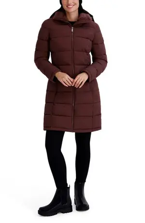 KENNETH COLE Stretch Puffer Jacket W/ Hood - Chocolate