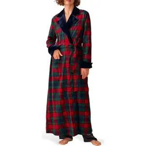 PETITE PLUME Velvet Trim Brushed Cotton Twill Robe - Red