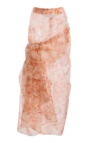 Prabal Gurung Floral Print Silk Organza Hand-draped Sari Skirt - Orange