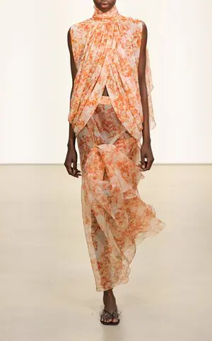 Prabal Gurung Floral Print Silk Organza Hand-draped Sari Skirt