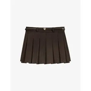 Maje Pleated Rhinestone-embellished Stretch-woven Skort - Brown