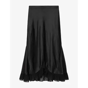 ALLSAINTS Irma Ruffled-trim Silk-blend Midi Skirt 16 Black