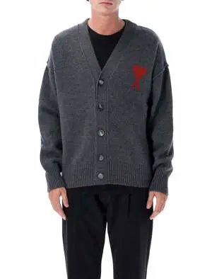 AMI Paris Wool V-neck Button Cardigan With Of Coeur Intarsia - Grigio