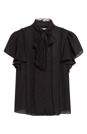 Cinq À Sept Virelle Lace Trim Tie Neck Top - Black
