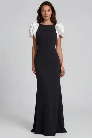 Rene Ruiz Collection 3d Floral Sleeve Fit And Flare Gown - Black