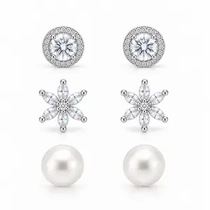 DONATELLO GIAN Set Of 3 Sterling Halo Floral & Pearl Earring - Silver