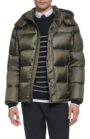 Karl Lagerfeld Paris Down Hooded Puffer Jacket - Olive