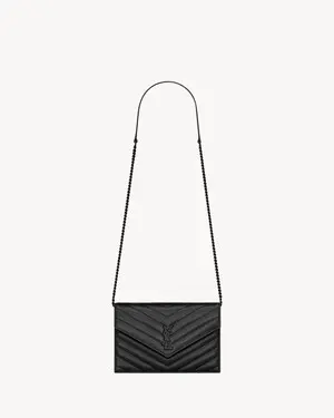 Saint Laurent Cassandre Envelope Chain Wallet In Grain De Poudre Leather - Black