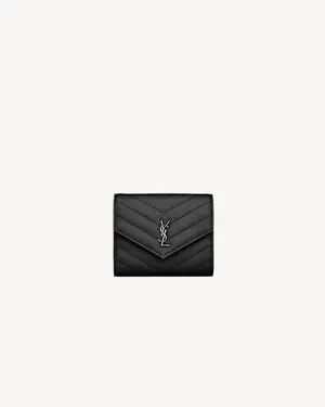 Saint Laurent Cassandre Matelassé Compact Tri Fold Wallet In Grain De Poudre Leather - Black