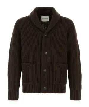 Closed Ribbed Shawl-collar Cardigan - Brown