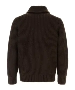 Closed Ribbed Shawl-collar Cardigan - Brown