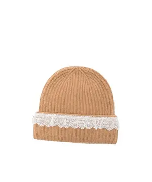 GANNI Tigers Eye Lace Trim Beanie Hat - Beige