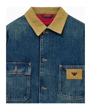 Emporio Armani Cotton Denim Jacket With Corduroy Collar And Patch Pockets - Blue