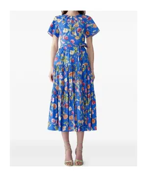 Carolina Herrera Poppy-print Tiered Midi Dress With Sash