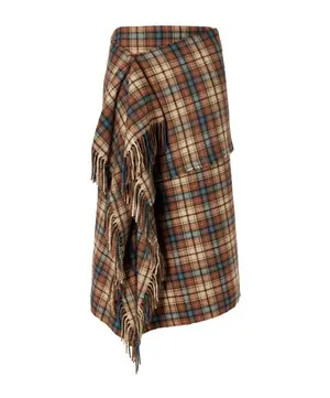 Auralee Asymmetric Fringed Checked Cashmere Wrap Midi Skirt - Brown