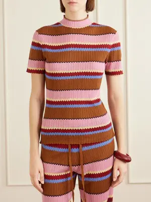 Guest In Residence Striped Ribbed Silk And Linen-blend Top