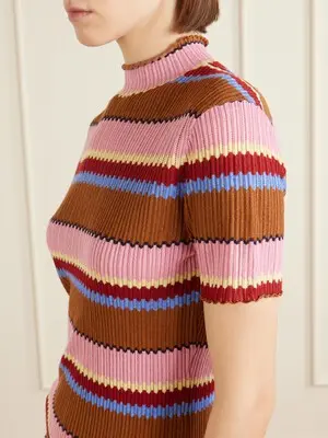 Guest In Residence Striped Ribbed Silk And Linen-blend Top