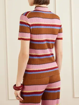 Guest In Residence Striped Ribbed Silk And Linen-blend Top