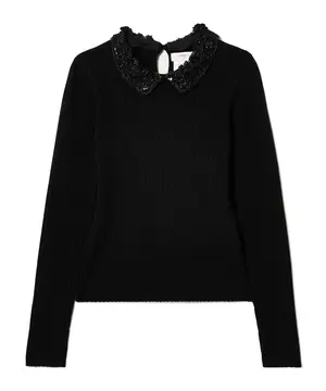 Carolina Herrera Convertible Embellished Crochet-trimmed Ribbed Wool Sweater