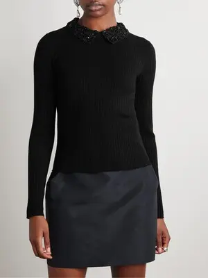 Carolina Herrera Convertible Embellished Crochet-trimmed Ribbed Wool Sweater