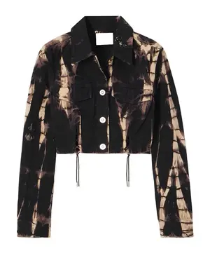 DION LEE Cropped Fringed Printed Denim Jacket - Black