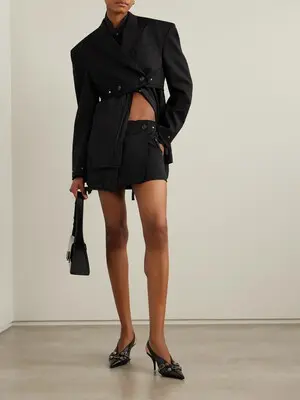 DION LEE Wrap-effect Embellished Frayed Wool-blend Mini Skirt