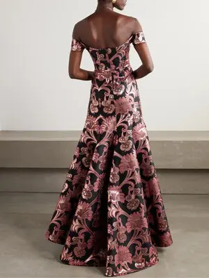 Etro Bardot Off-the-shoulder Metallic Brocade Gown