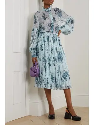 Erdem Pleated Printed Crepon Midi Skirt