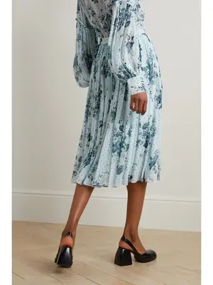 Erdem Pleated Printed Crepon Midi Skirt