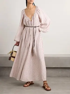 Zimmermann Cascadian Oversized Belted Striped Linen Maxi Dress - No