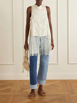 Sea Floral-embroidered Fringed Crepe Vest