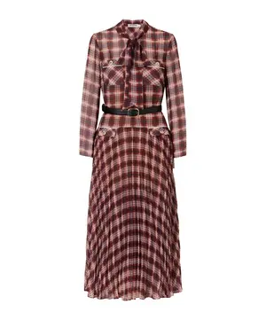 SELF-PORTRAIT Belted Checked Chiffon Midi Dress - Red
