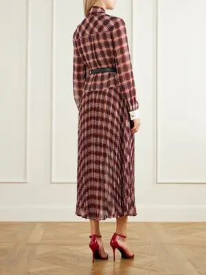 SELF-PORTRAIT Belted Checked Chiffon Midi Dress