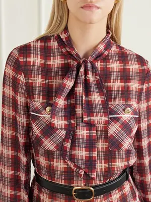 SELF-PORTRAIT Belted Checked Chiffon Midi Dress