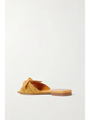 Manolo Blahnik Notamu Bow-detailed Plissé-satin And Leather Slides