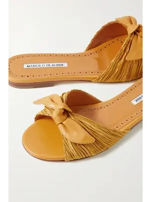 Manolo Blahnik Notamu Bow-detailed Plissé-satin And Leather Slides