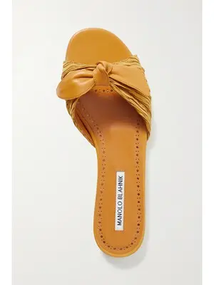 Manolo Blahnik Notamu Bow-detailed Plissé-satin And Leather Slides