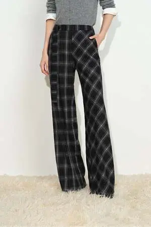 Fabrique Kristy Plaid Offset Panel Wide Leg Pants In Lightweight Flannel - Black