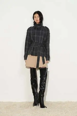 Fabrique Ainsley Plaid Belted Stand Collar Jacket In Wool Blend - Grey