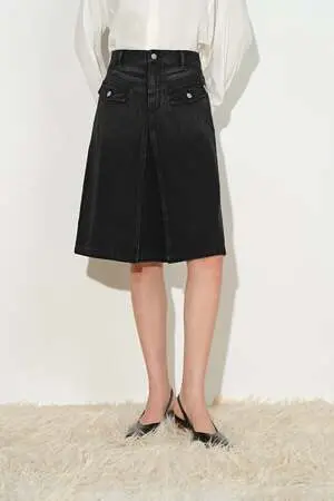 Fabrique Ashley Pleated Utility Skirt In Cotton Denim - Black