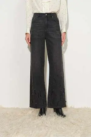 Fabrique Nia Hand Studded Fringed Straight Leg Jeans - Black