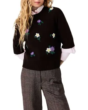 Maje Floral Embroidered Wool Blend Sweater - Brown