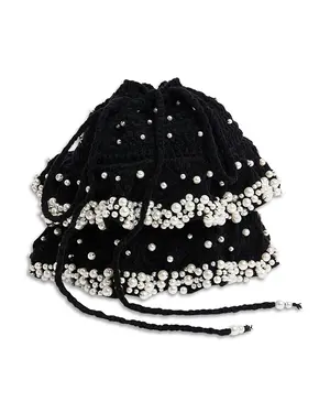 Sandro Beaded Velvet Bucket Bag - Black