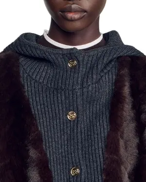 Sandro Theodore Faux Fur Ribbed Trim Jacket