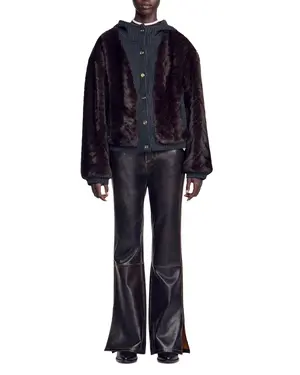 Sandro Theodore Faux Fur Ribbed Trim Jacket