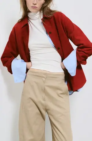 Mango Oversized Suede Leather Shirt - Red