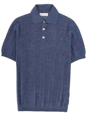 Brunello Cucinelli Linen Knit Polo Shirt In Linen-cotton Blend - Blue