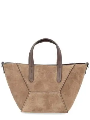 Brunello Cucinelli Mini Suede Crossbody Handbag With Ruthenium Finish - Brown
